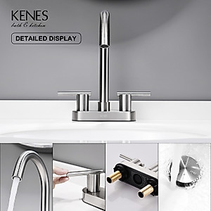 KENES 4 Inch 2 Handle Centerset Bathroom Faucet, Brushed Nickel Lead-Free Modern Commercial Bathroom Sink Faucet, with Pop Up Drain and Two Water Supply Lines, KE-9019