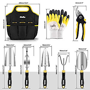hOmeHua Garden Tools Set, 8 Piece Stainless Steel Heavy Duty Gardening Kit with Ergonomics Soft Rubberized Non-Slip Handle, Tote Bag, Gloves, Trowel, Weeder Tools - Garden Gifts Packing for Men Women