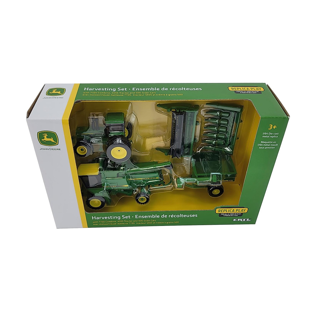 John Deere 1/64 Scale 5 pc Harvesting Set 4555 Tractor, 7720 Combine w/2 Heads, 500 Grain Cart