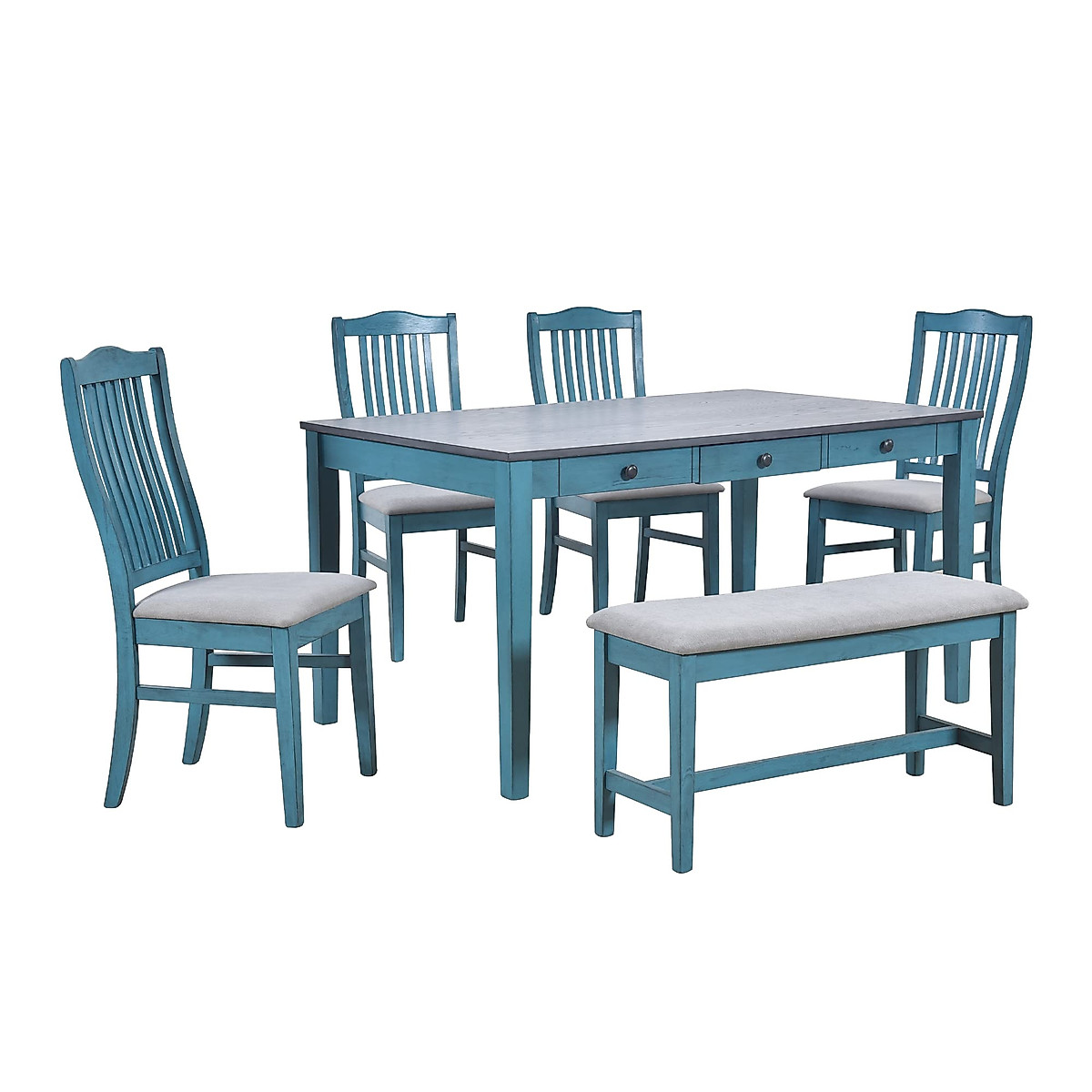 Merax Mid-Century 6-Piece Wood Dining Table Set with Drawer, 4 Upholstered Chairs and Bench, Antique Blue