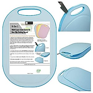 Kylermade (5 Layers) Multi-Layer Non-Slip Cutting Board, Innovative 5 layered construction, 5 Kitchen Chopping Boards for Price of 1, BPA Free, Non Porous, Dishwasher Safe, Juice Grooves (Blue)