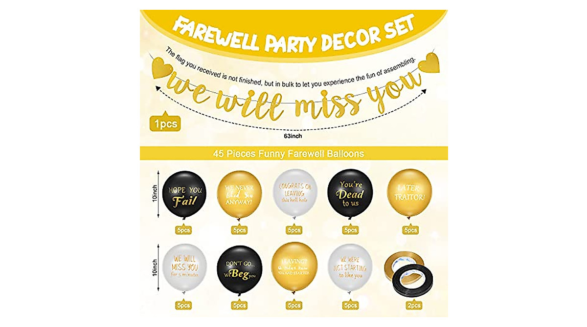 Farewell Party Decorations - Gold Banner & 45 Balloons for Coworker ...