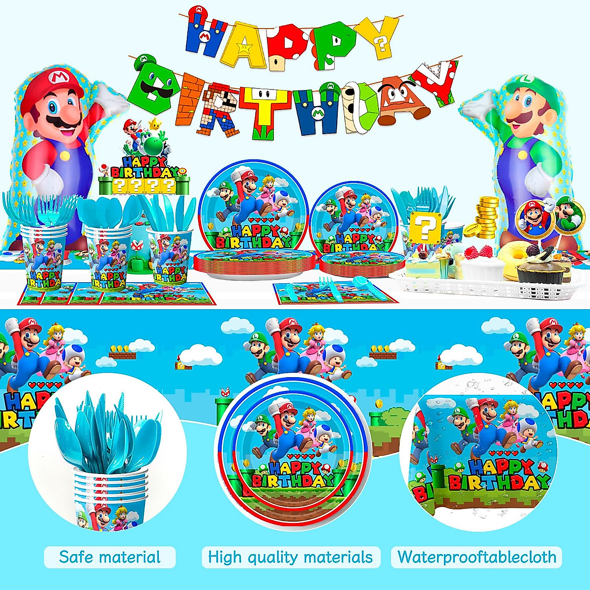Mario Birthday Party Supplies,123pcs Mario Birthday Party Decorations&Tableware, Super Mario Balloons Banner&Mario Party Plates and Napkins Tablecloth etc Super Mario Party Supplies for Boys