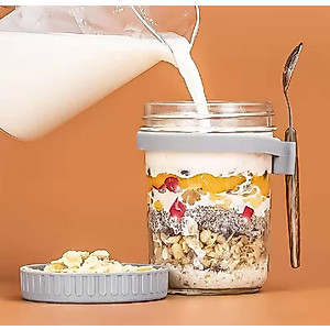 Overnight Oat Container with Lid and Spoon Set, 10 oz Large Airtight Oatmeal Container with Measure Marks Cereal, Milk, Vegetable and Fruit Salad Storage Containers (white and grey)