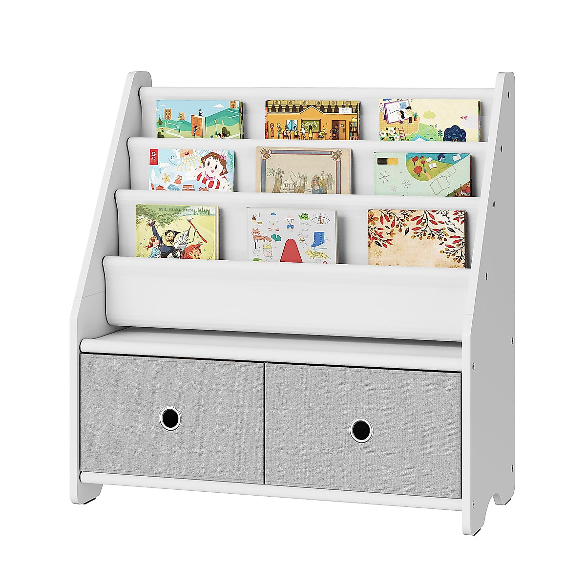 CHOEZON Kids Bookshelf and Toy Storage, 4 Tier Large Capacity Kids Book Rack, Sling Kids Bookcase, for Kids Room, Nursery, Playroom, White and Gray MCW06WT