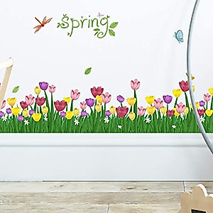 Spring Tulip Wall Decals Flower Grass Wall Stickers Removable DIY Peel and Stick Art Murals for Classroom Bedroom Girls Room Living Room Hallway Kitchen Bathroom Home Decor (Tulip)