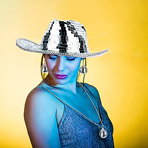 MAKCNMYM Disco Cowboy Hat Silver Cowgirl Hat With Disco Ball Necklace and Sparkly Mirrored Earrings Sequin Hat Women Bling Glitter Dance Cap for Girls Party Costume Accessories Cosplay Dress Up