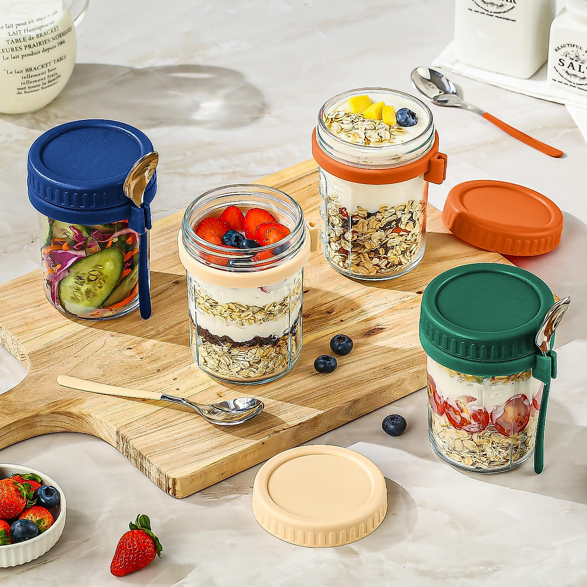 DRKIO 4 Pack Glass Overnight Oats Containers with Lids and Spoons 16 Oz Mason Jars for Overnight Oats Jars Leak Proof Oatmeal Container Meal Prep Jar for Cereal Fruit Vegetable Milk Salad Yogurt