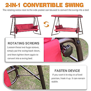 3 to 4 Seat Porch Swing, 2-in-1 Outdoor Swing Bed with Adjustable Backrest Canopy 800 lbs Capacity Patio Swing Chair with Stand Cushions Pillows for Backyard