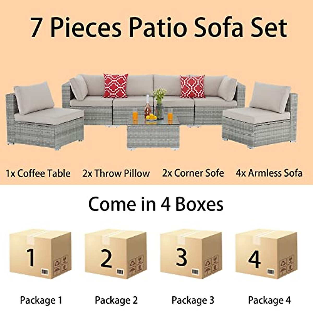 SoarFlash 7 Pieces Outdoor Patio Furniture Set, All-Weather Rattan Sectional Sofa Wicker Conversation Set with Cushion, Coffee Table for Garden, Backyard,Poolside(Beige)