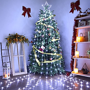 Flacchi White Star Holiday Lights 320 LED Waterfall Tree Lights with 11" Topper Star Christmas Lights 8 Modes Timer Waterproof Fairy Lights Indoor Outdoor Decorative for Patio Garden Wedding Decor