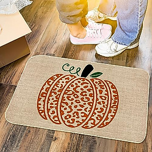 AnyDesign Pumpkin Doormat Fall Front Door Mat with Anti-Slip Rubber Back Orange Leopard Print Pumpkin Floor Mat Rug for Thanksgiving Autumn Harvest Farmhouse Kitchen Bedroom, 17 x 29 Inch