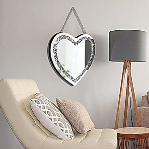 DMDFIRST Crystal Crush Diamond Heart Shaped Silver Mirror with Silver Stainless Steel Chain for Wall Decoration 12x12x0.5 inch Wall Hang Frameless Mirror Glass Diamond Decor Glam Mirror