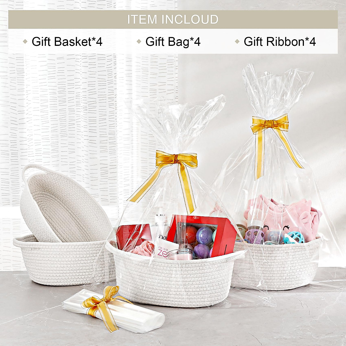 4 Pack Small Woven Basket with Handles, All 12"x 8"x 5", Cotton Rope Room Shelf Storage Basket, Cat Toys, Cute Baby Gift Basket with Gift Bags and Ribbons for Nursery, Empty Decorative Gift Chest Box