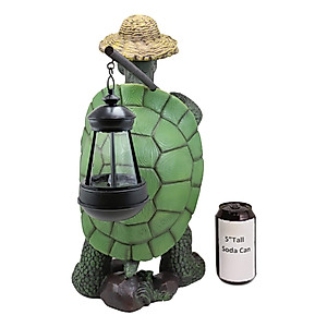 Ebros Gift Nautical Nature Lover Adventure Hiking Tortoise with Straw Hat Statue Carrying Solar Powered Lantern LED Light On A Pole Turtle Garden Yard Pool Patio Deck Home Decorative Accent