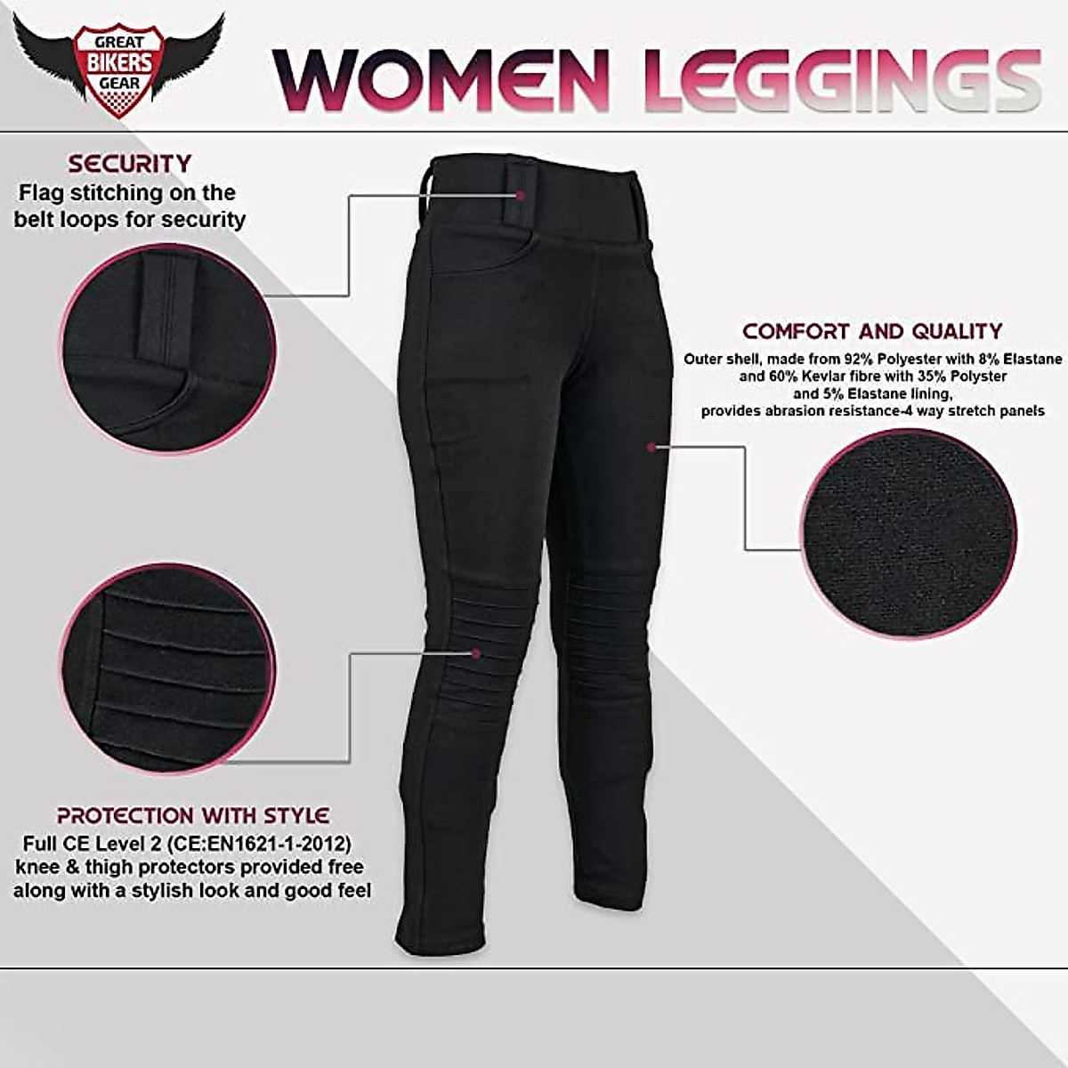 GREAT BIKERS GEAR - Motorcycle Leggings Ladies Protective Women Short Leg Black