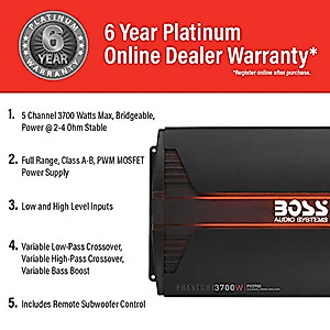 BOSS Audio Systems PV3700 5 Channel Car Stereo Amplifier – 3700 High Output, 5 Channel, 2/4 Ohm Stable, Low/High Level Inputs, High/Low Pass Crossover, Full Range, Bridgeable, for Subwoofer
