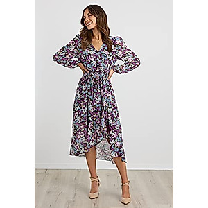 PRETTYGARDEN Women's Floral Print Boho Dress Long Sleeve Wrap V Neck Ruffle Belted A-Line Flowy Maxi Dresses (Floral Purple,Small)