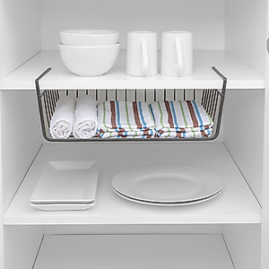 Smart Design Undershelf Storage Basket - Medium - Snug Fit Arms - Steel Metal Wire - Rust Resistant - Under Shelves, Cabinet, Pantry, and Shelf Organization - 16 x 5.5 Inch - Charcoal Gray