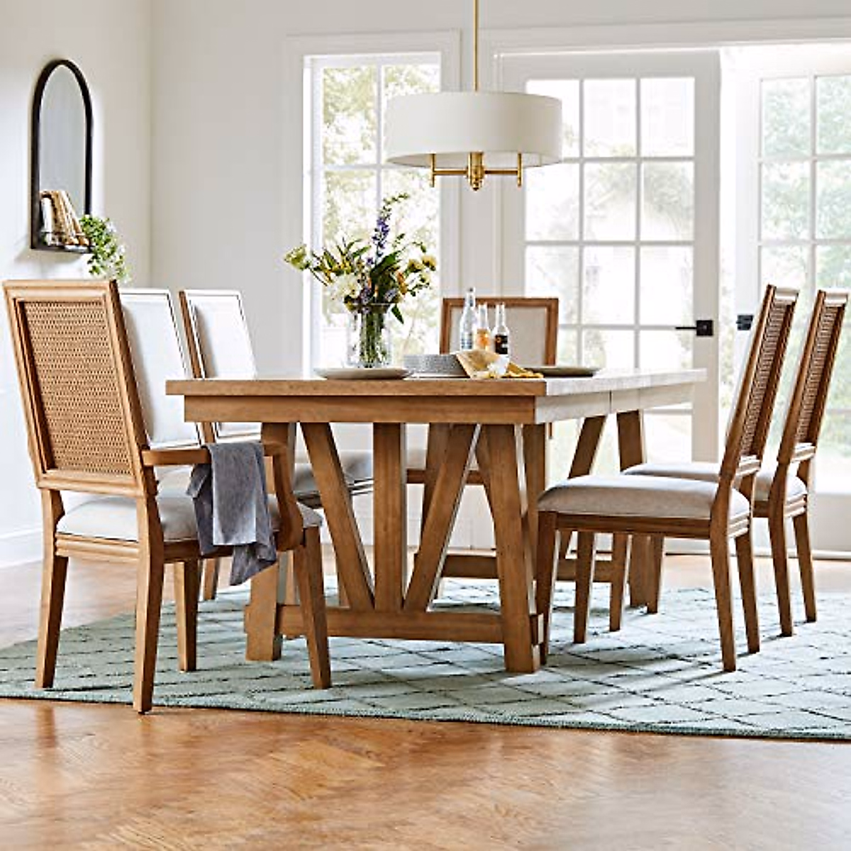 Amazon Brand – Stone & Beam Contemporary Pendant Chandelier with White Shade - 20 x 20 x 42 Inches (Adjustable Height), Antique Brass