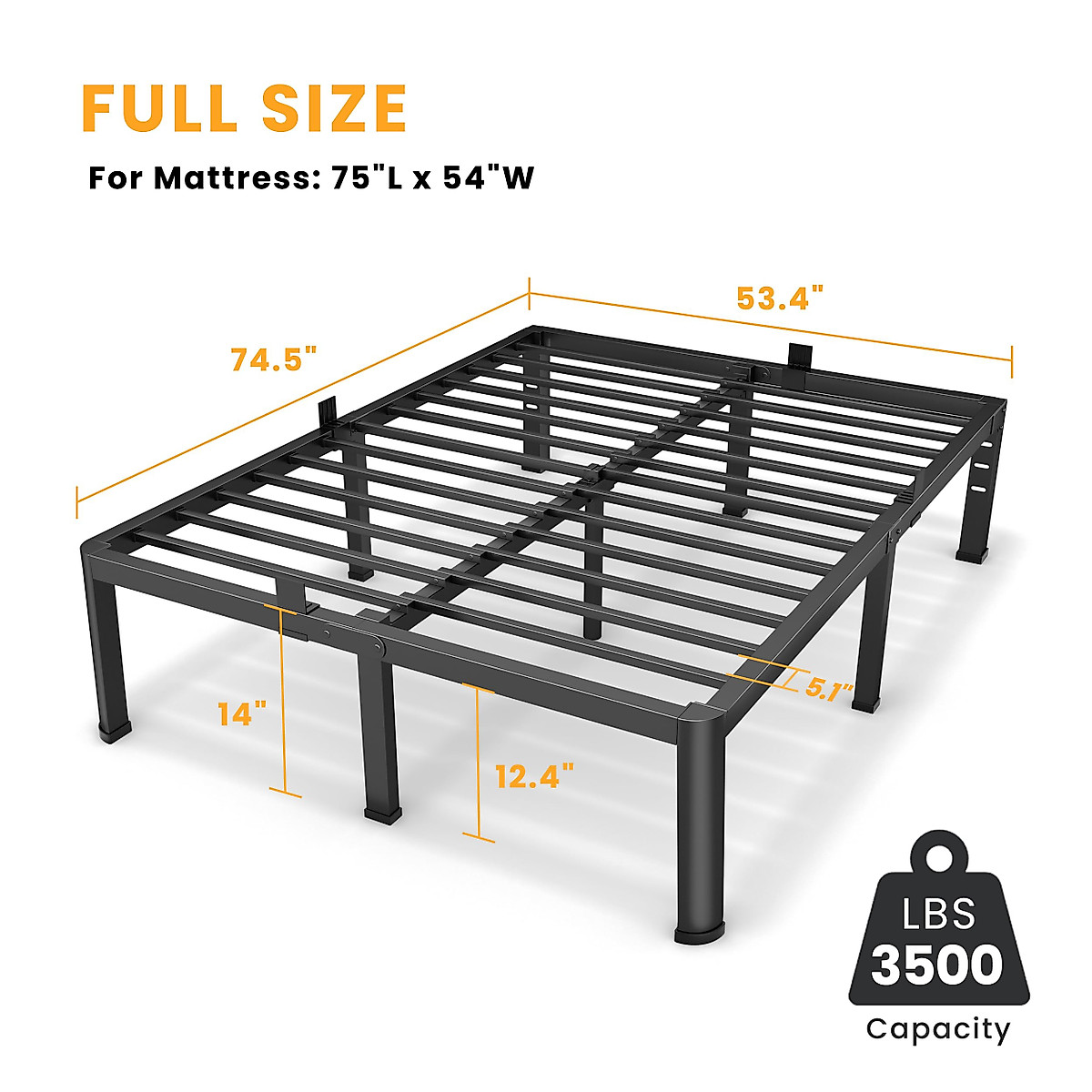 14 Inch Full Size Platform Bed Frame with Under-Bed Storage Space, Heavy Duty Metal Bed Frame No Box Spring Needed, Sturdy Round Corner Bed Frame Strong Bearing Capacity, Easy Assembly, Noise Free