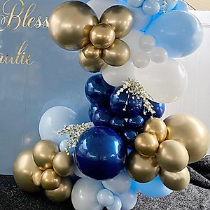 Monlot Blue Balloon Garland Arch kit 140 Pcs Navy Blue Balloon Arch White Baby Blue Gold Metallic Double Stuffed Balloons for Birthday Baby Shower Father’s Day Decorations