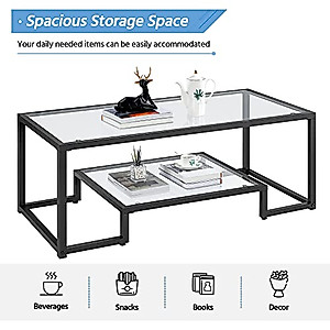 Yaheetech Coffee Table, Tempered Glass Coffee Table, Modern Simple Center Table w/Geometric-Inspired Design & Metal-Frame & Easy Assembly & Open Storage Shelf for Living Room, Office, Black
