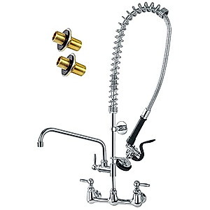 AGAHPAY Commercial Kitchen Sink Faucet with Pre Rinse Sprayer, 8 Inch Center Wall Mount Faucet with 12” Swing Spout 36” Height Compartment Sink Faucet for Restaurant Industrial, Chrome Polished