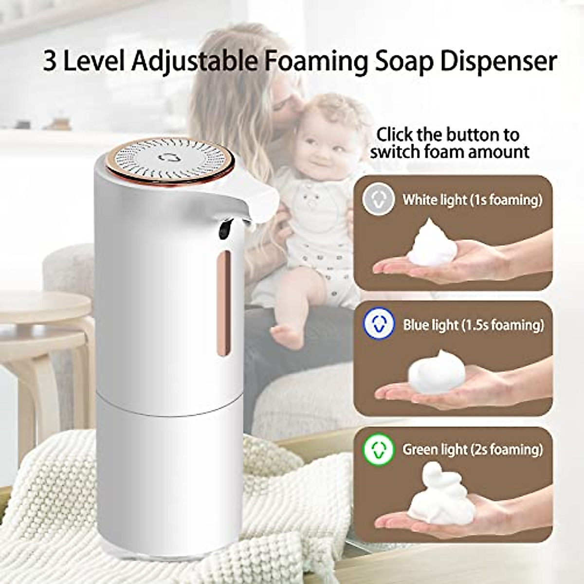Automatic 10oz/300ml Rechargeable Touchless Sensor Foaming Pump Hands Free 3 Level Adjustable Hand Soap Dispenser for Bathroom Kitchen