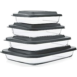 8-Piece Deep Glass Baking Dish Set with Plastic lids,Rectangular Glass Bakeware Set with BPA Free Lids, Baking Pans for Lasagna, Leftovers, Cooking, Kitchen, Freezer-to-Oven and Dishwasher, Gray