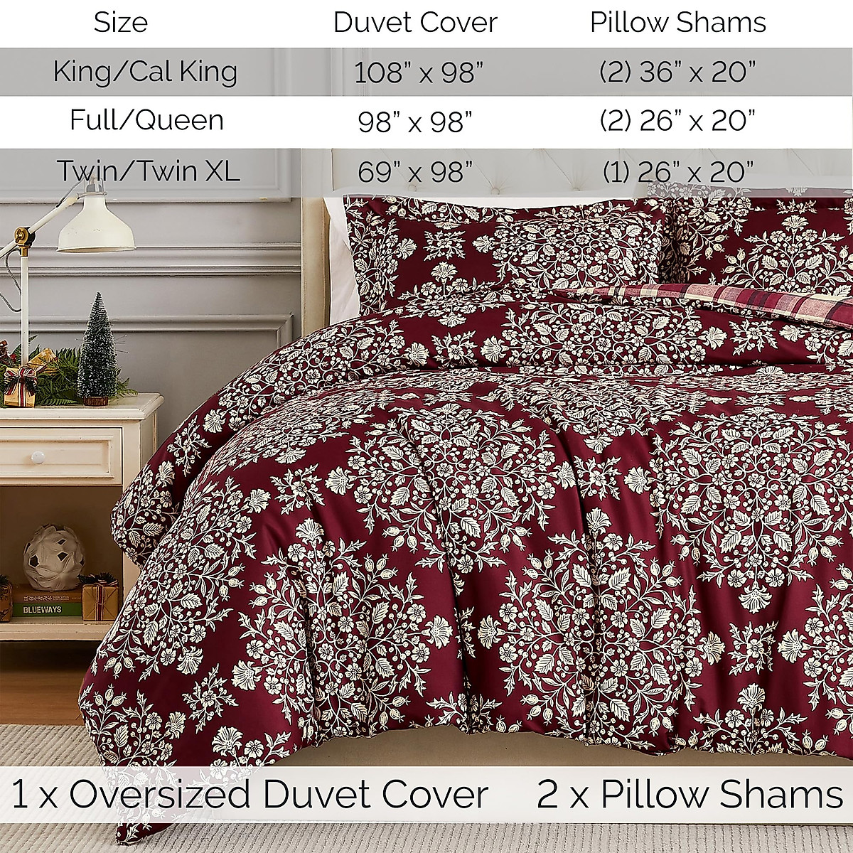 Southshore Fine Living, Inc. King Size Christmas Bedding Sets - King Duvet Cover and Shams, Reversible King/California King Duvet Cover, White Holiday Bedding Set - Wreath & Reindeer Print