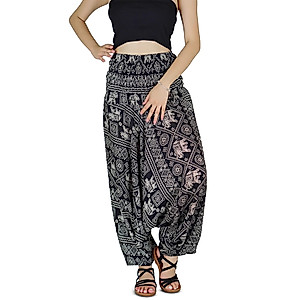 Your Cozy Harem Pants for Women Hippie Boho Clothes Mc Hammer Pants Jumpsuit Casual Loose Beach Sweatpants Comfortable Baggy Boho Yoga Trousers (Black Elephant_S)