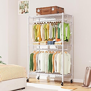 LEHOM G1 Heavy Duty Clothes Rack, 3 Tiers Rolling Garment Rack for Hanging Clothes, Adjustable Wire Clothing Rack with Storage Shelves, Lockable Wheels Freestanding Closet Wardrobe for Bedroom, White