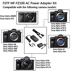 F1TP NP-FZ100 AC Power Adapter Dummy Battery Kit for Sony Alpha A6600, A7C, A7 III, A7S III, A7R III, A7R IV,A1, FX3, FX30, A9II, A9R, A9S Cameras