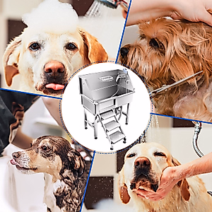 TELAM Small Dog Washing Station Stainless Steel 34'' Pet Grooming Tub Professional Pet Grooming Bathtub Bathing Station Small Dogs Cats Dog Wash Shower Sink with Push-in Walk-in Stairs