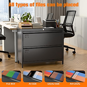 GangMei Metal Lateral File Cabinet with 2 Drawers, Wide Lateral Filing Cabinet with Lock for Hanging Files Letter/Legal/F4/A4 Size for Home Office School, Black, Assembly Required