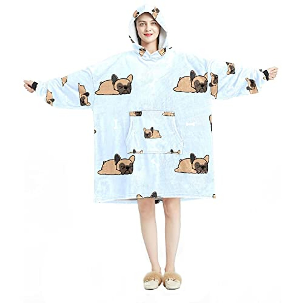 Cute French Bulldog Puppy Pattern Wearable Blanket Hoodie,Oversized Hooded Blanket Sweatshirt