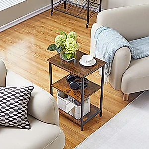 VECELO End Side Table with Storage Shelf, Industrial Night Stand, 3-Tier Small Nightstand for Living Room, Bedroom, 2 Pack, Brown/2pcs