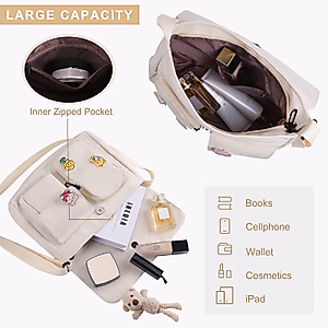 Canvas Crossbody Bag with Kawaii Pins and Pendent for Women Casual Shoulder Messenger Bag Ladies Canvas Shoulder Bag