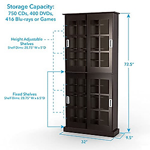 Atlantic Windowpane Media/Storage Cabinet - Tempered Glass Pane Sliding Doors, Stores Optical Media Like CD/DVD/BD/Game Discs, Collectables & Memorabilia Collections, PN 94835757 in Espresso