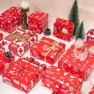 Toptime Christmas Wrapping Paper, Red and White Gift Wrapping Paper Sheets of 6 with Angel, Xmas Tree, Bells, Reindeer, Flat Cute Christmas Gift Wrap for New Year, Holiday, Art Crafts, 27.6x19.7in