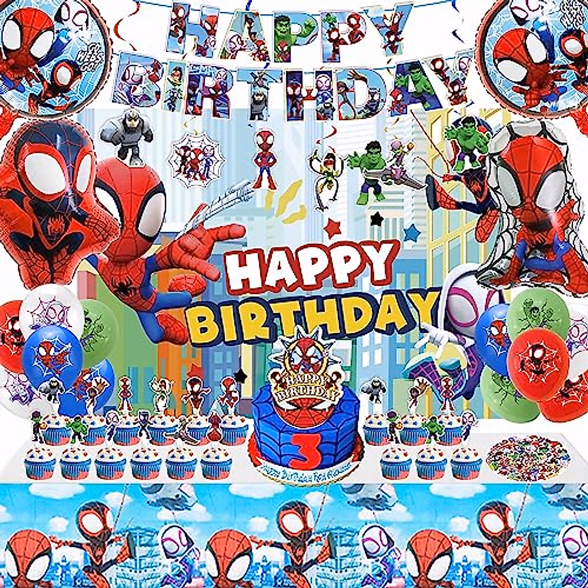 Spidey and Friends Birthday Decorations Include Banner, Backdrop, Balloons, Hanging Swirls, Cake Cupcake Toppers, Tablecloth for Spidey and His Amazing Friends Birthday Decorations