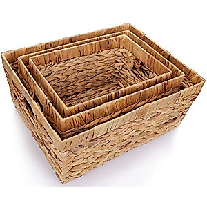 Yesland 3 Pack Water Hyacinth Storage Baskets, Natural Multisize Rectangular Storage Bins with Handle, Hand-Woven Organizer Container Bins with Iron Wire Frame for Bedroom, Living room