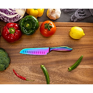 WELLSTAR Santoku Knife 5 Inch, Super Sharp German Steel Kitchen Cooking Knife with Comfortable Handle and Rainbow Coating for Slicing Dicing and Mincing of Meat Vegetables and Fruits for Small Hand