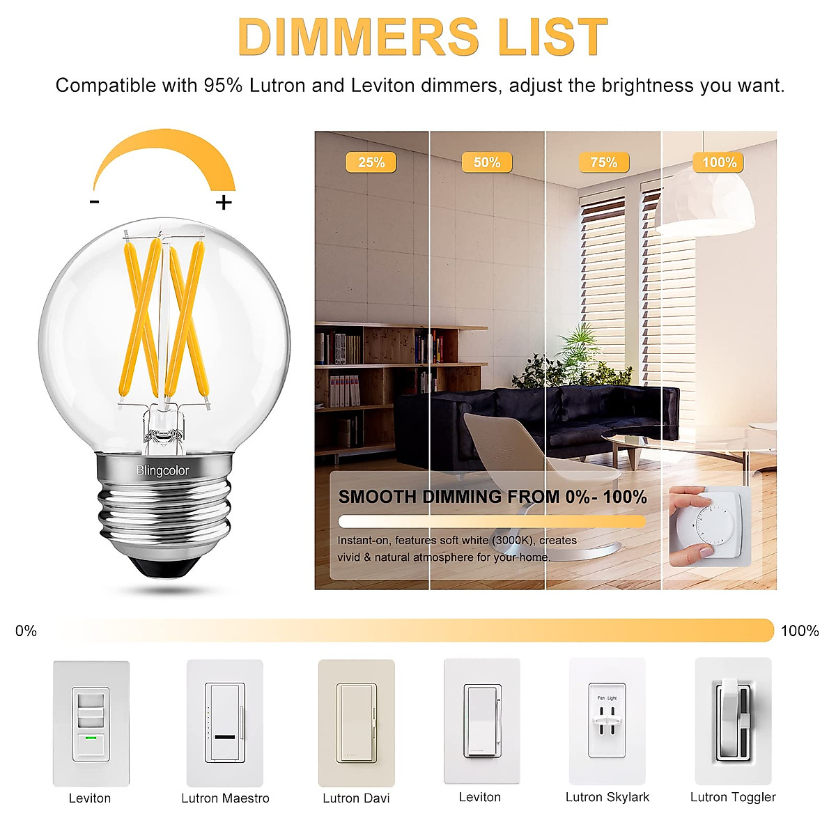 BLINGCOLOR 6 Pack Dimmable G16.5 LED Light Bulbs 60 Watt, E26 LED Bulbs 60 Watt Soft White 3000K, 6W E26 Globe LED Edison Small Light Bulb for Sputnik Chandelier, Vanity Lights, CRI80+, AC120V, 600lm