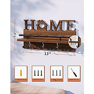 SWTYMIKI Key Holder for Wall with Home Decoration, Wood Mail Organizer with Double Key Hooks & Mail Holder Design, Wall Mounted Key Hanger for Entryway, Front Door, Hallway, Office, Brown