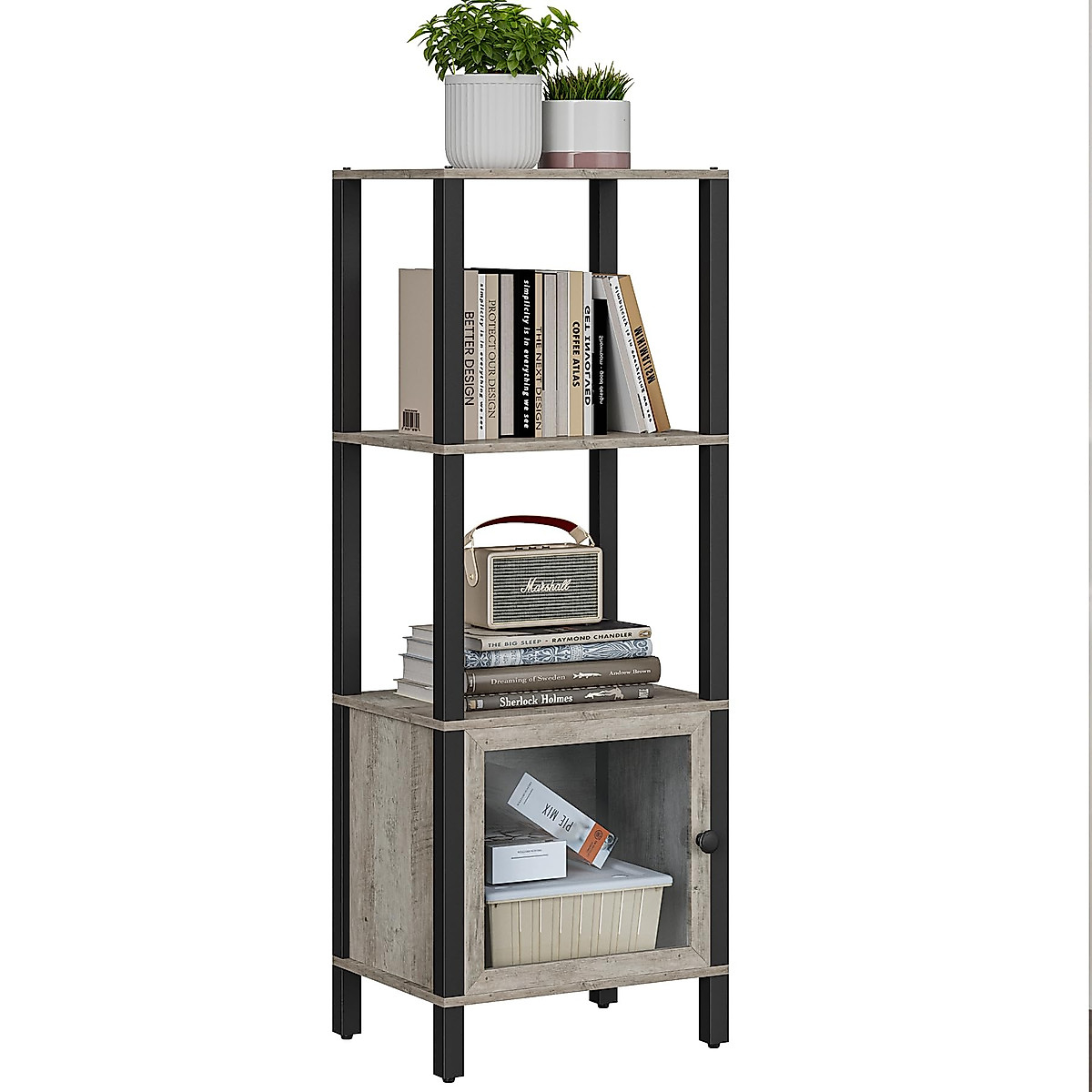 TUTOTAK 4 Tier Bookcase and Bookshelf, Narrow Book Shelf with Door for Small Space, for Living Room, Office, Study, Entryway, Greige BS03BG004