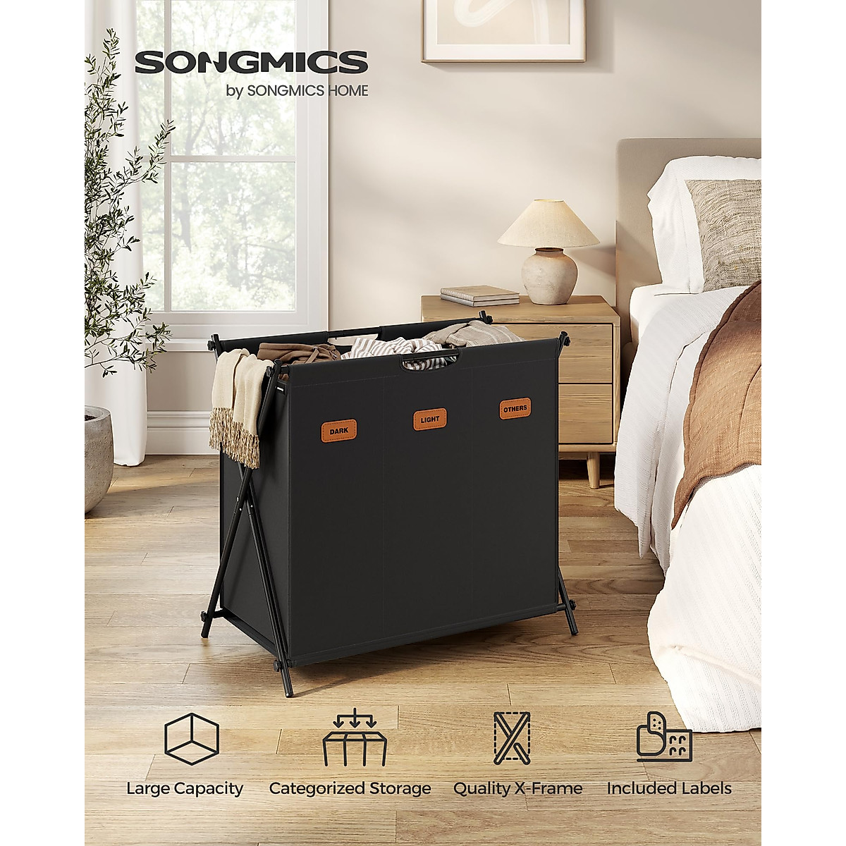 SONGMICS Laundry Hamper, Laundry Basket, 35.7 Gal. Laundry Sorter 3 Sections, Collapsible X-Frame, Clothes Organizer with Customizable Labels, Laundry Room, Bedroom, Bathroom, Ink Black ULCB130B01