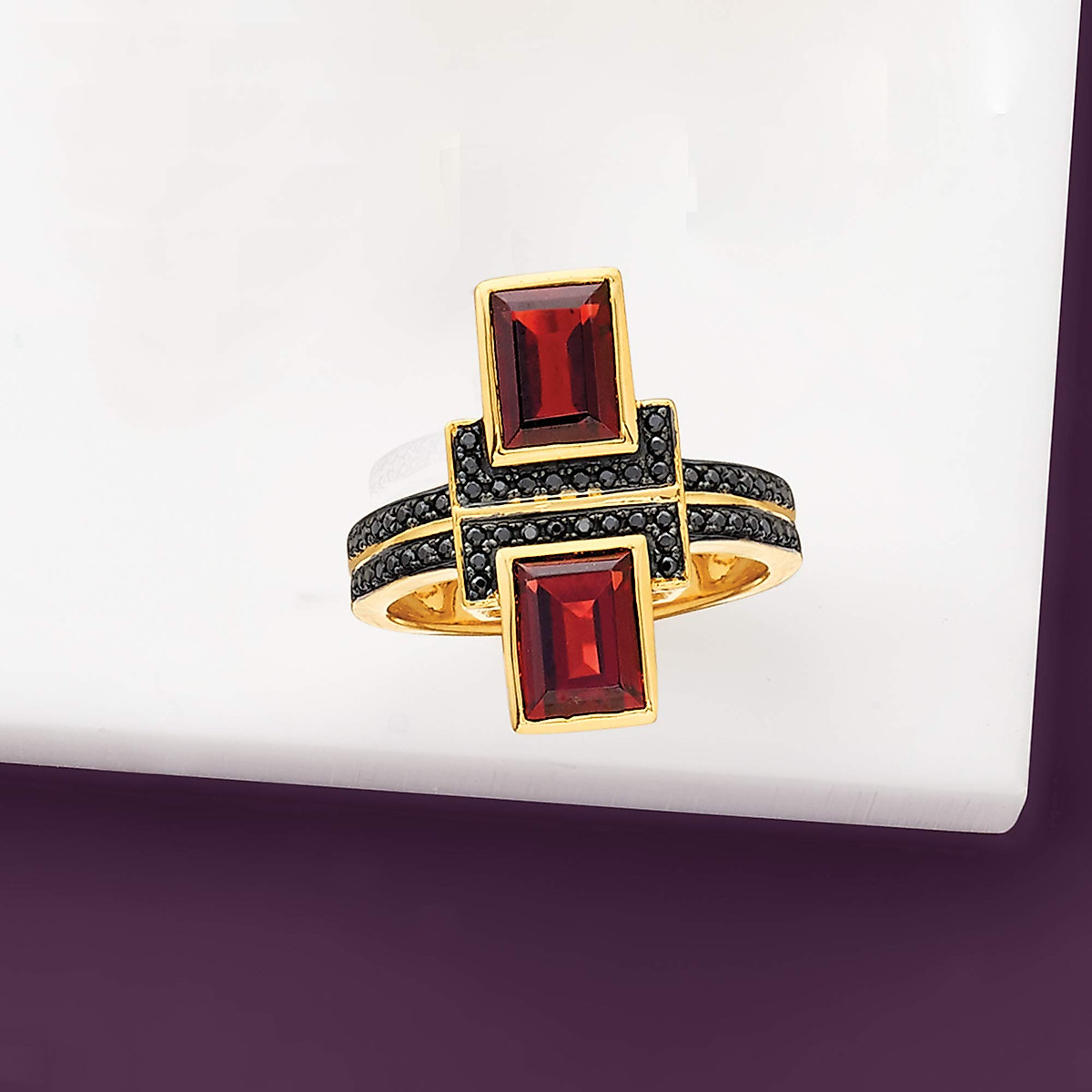Ross-Simons 2.40 ct. t.w. Garnet and .10 ct. t.w. Black Spinel Ring in 18kt Gold Over Sterling. Size 7