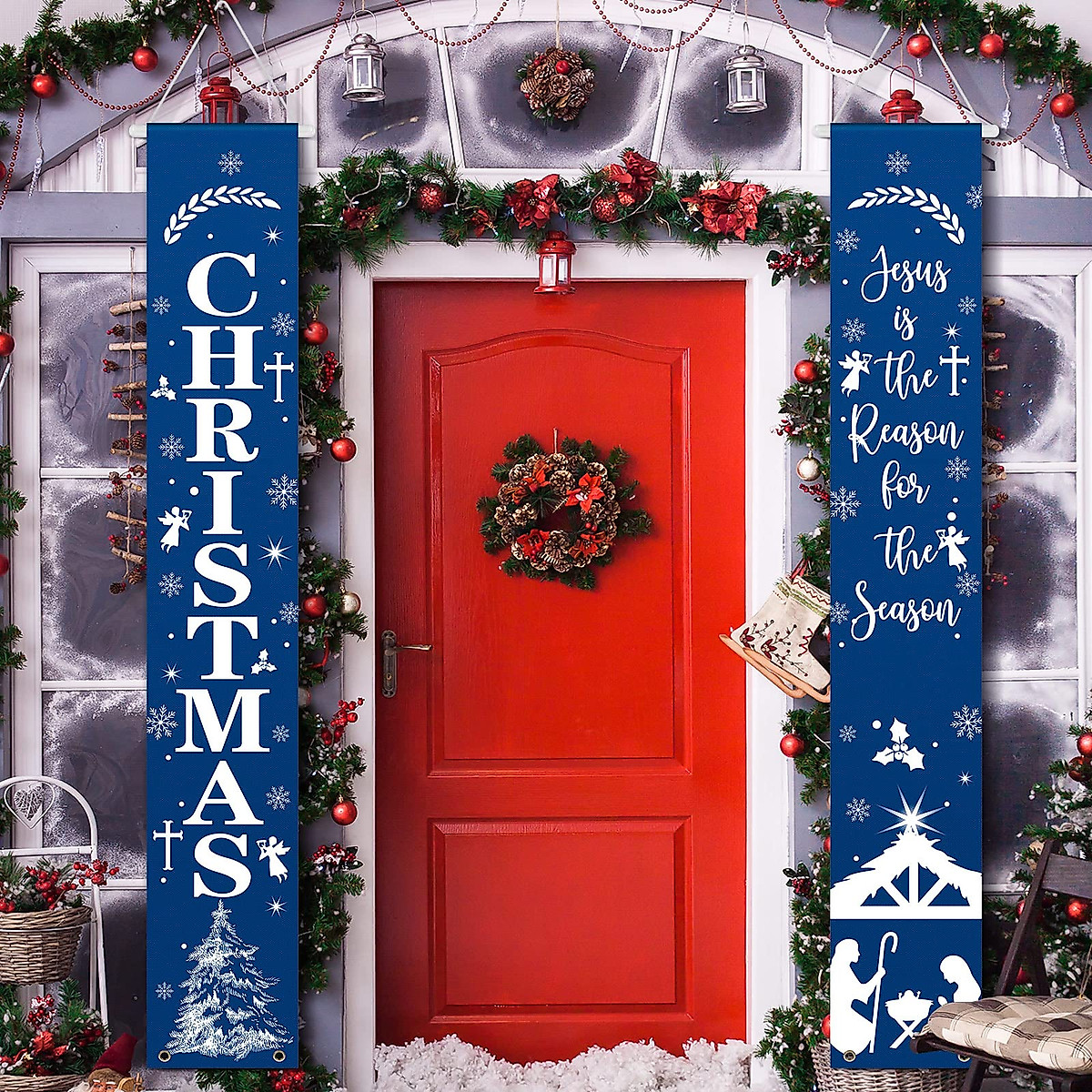 BBTO Pcs Christmas Nativity Scene Porch Sign Jesus Is The Reason for Season Banner Religious Holy Door Xmas Hanging Decorations Home Front 1BBTO x 7BBTO Inch, blue, white